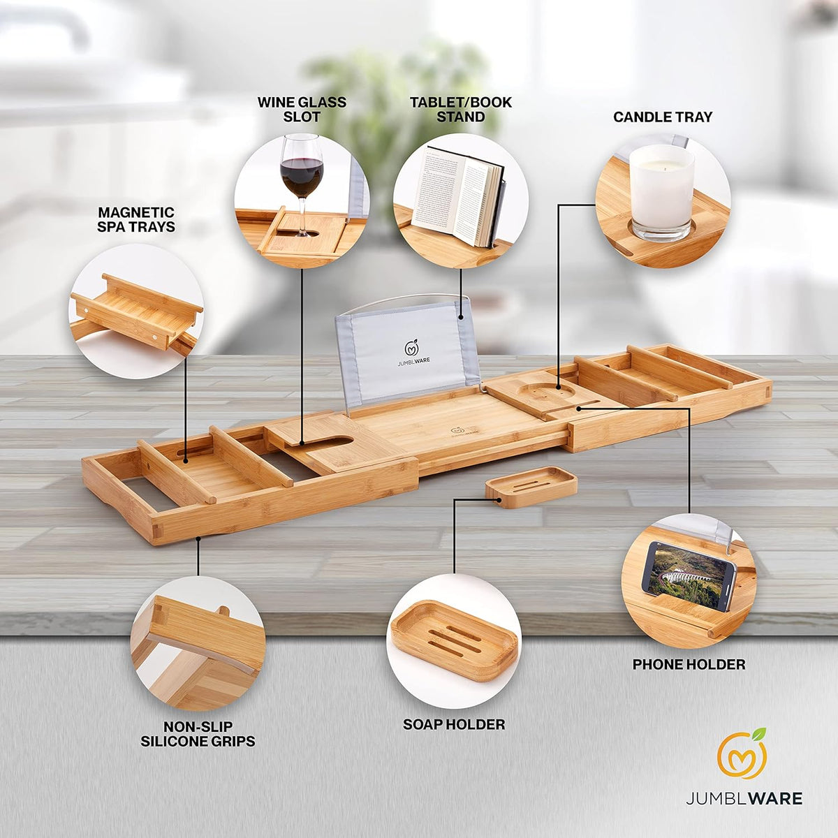 JumblWare Bamboo Bathtub Caddy, Waterproof Wooden Bath Tray with Handl ...